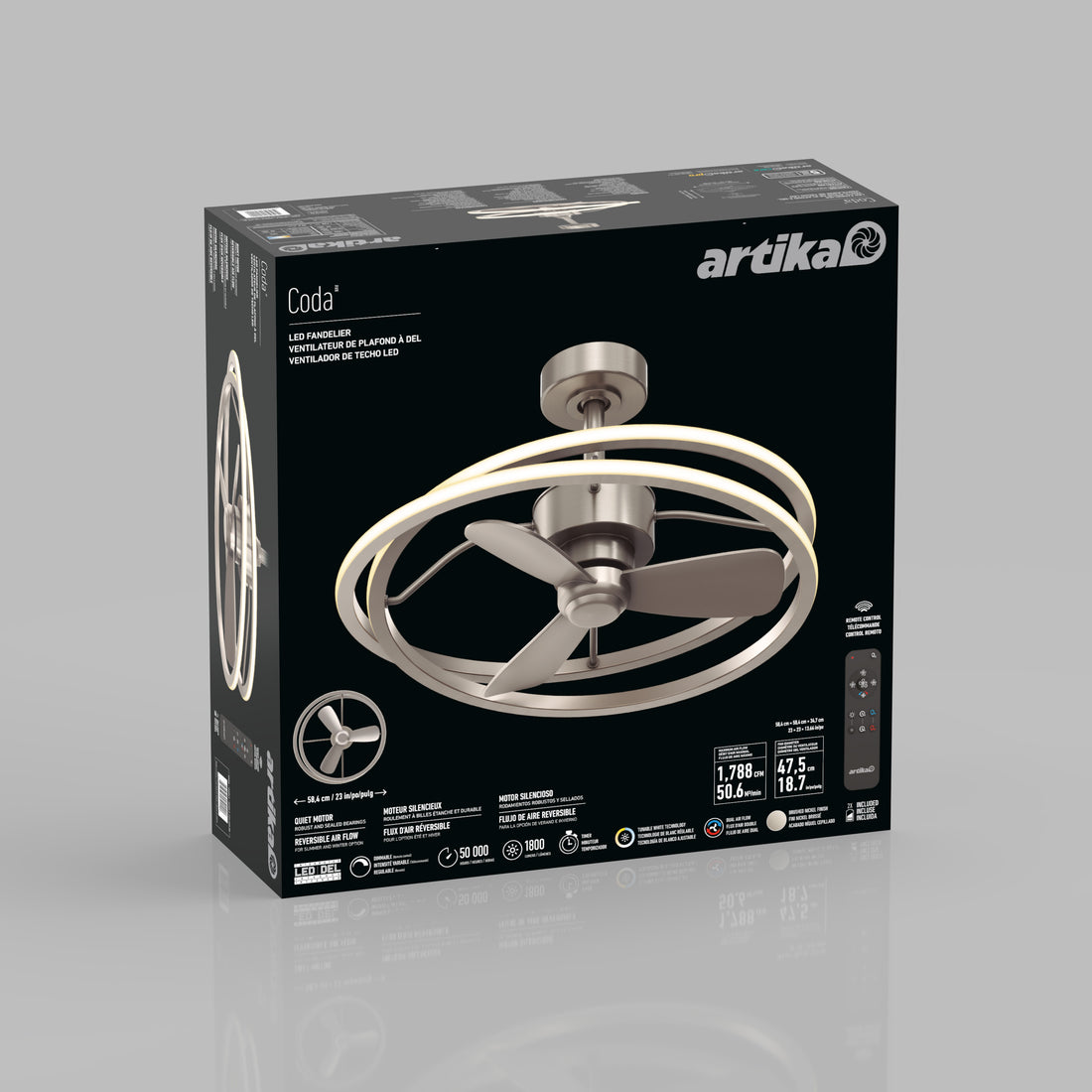 Coda ceiling fan with LED light 2 CCT in Brushed Nickel | Artika